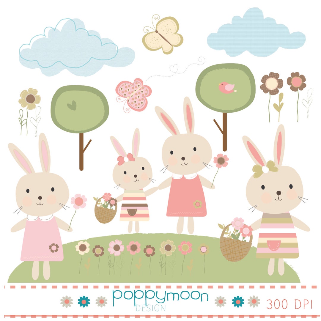 Woodland Rabbits Pastel Pink and Cream, Digital Clip Art Set - Etsy
