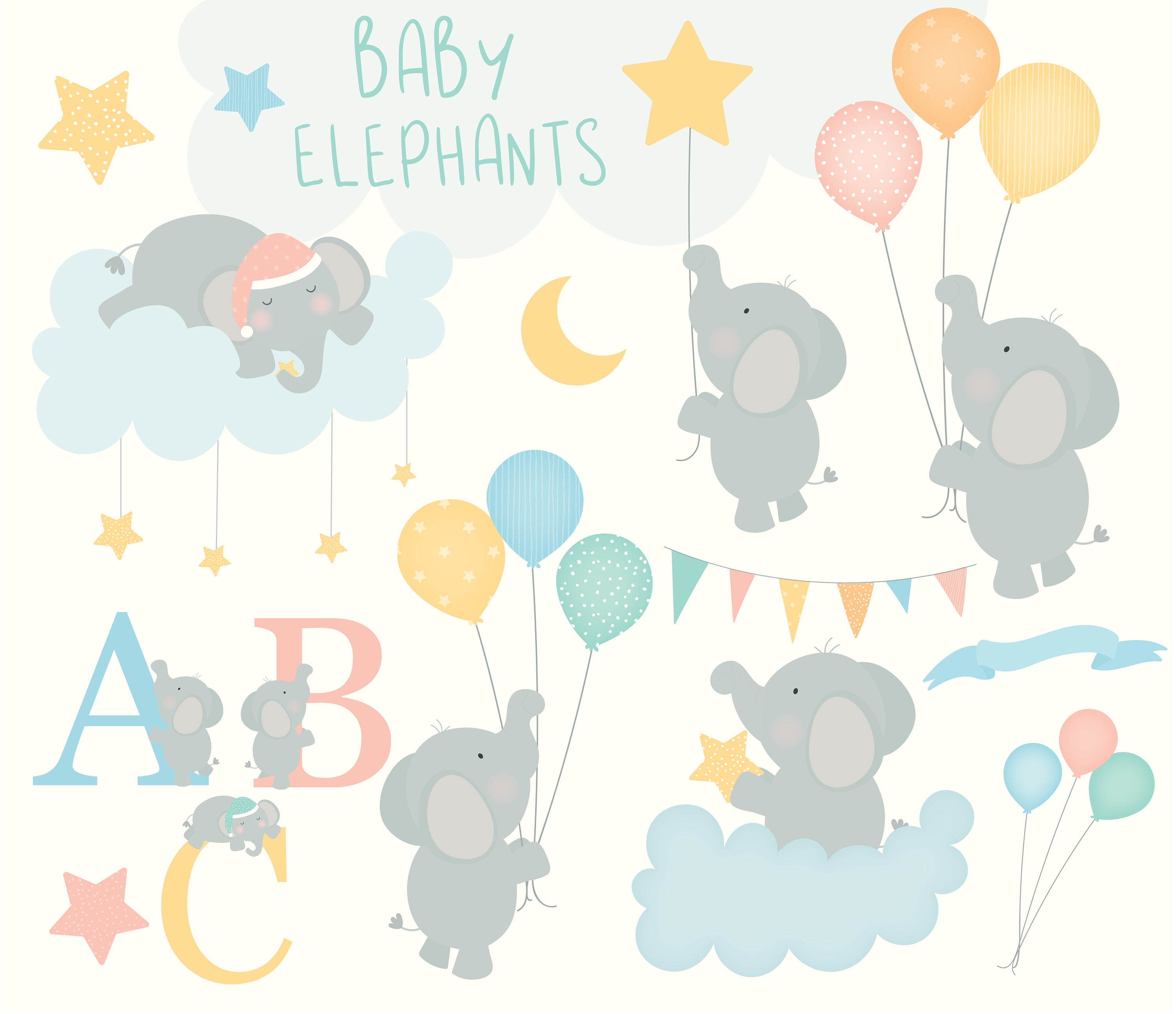 Baby Elephants on Clouds Balloons Pastel Digital Clip Art | Etsy
