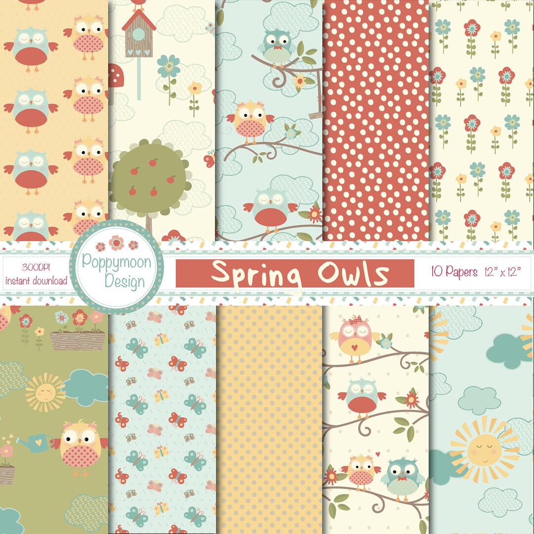 Spring Owls, Garden, Pastels, Digital Paper Pack - Etsy