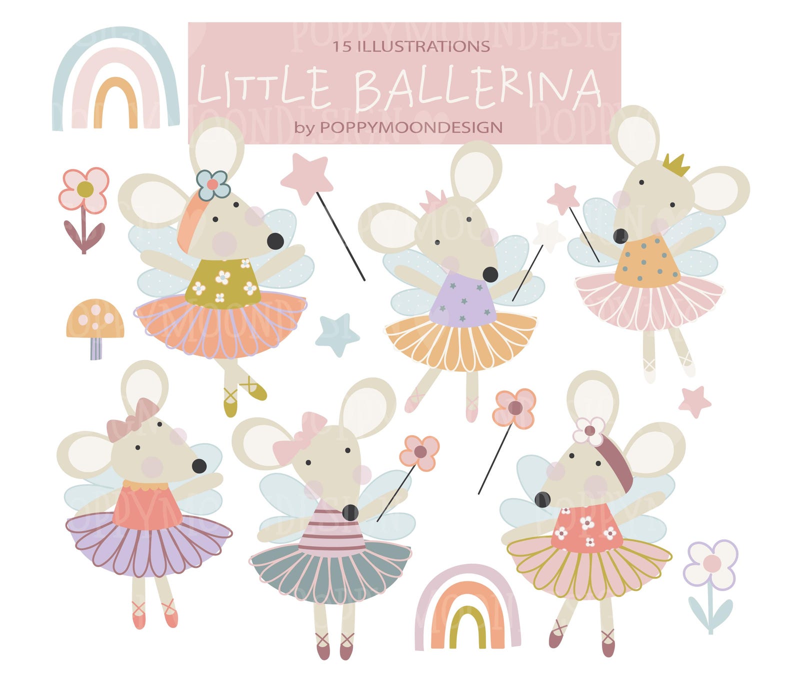Dainty Ballet Mice: Digital Clipart Set With Flowers and Rainbows. - Etsy
