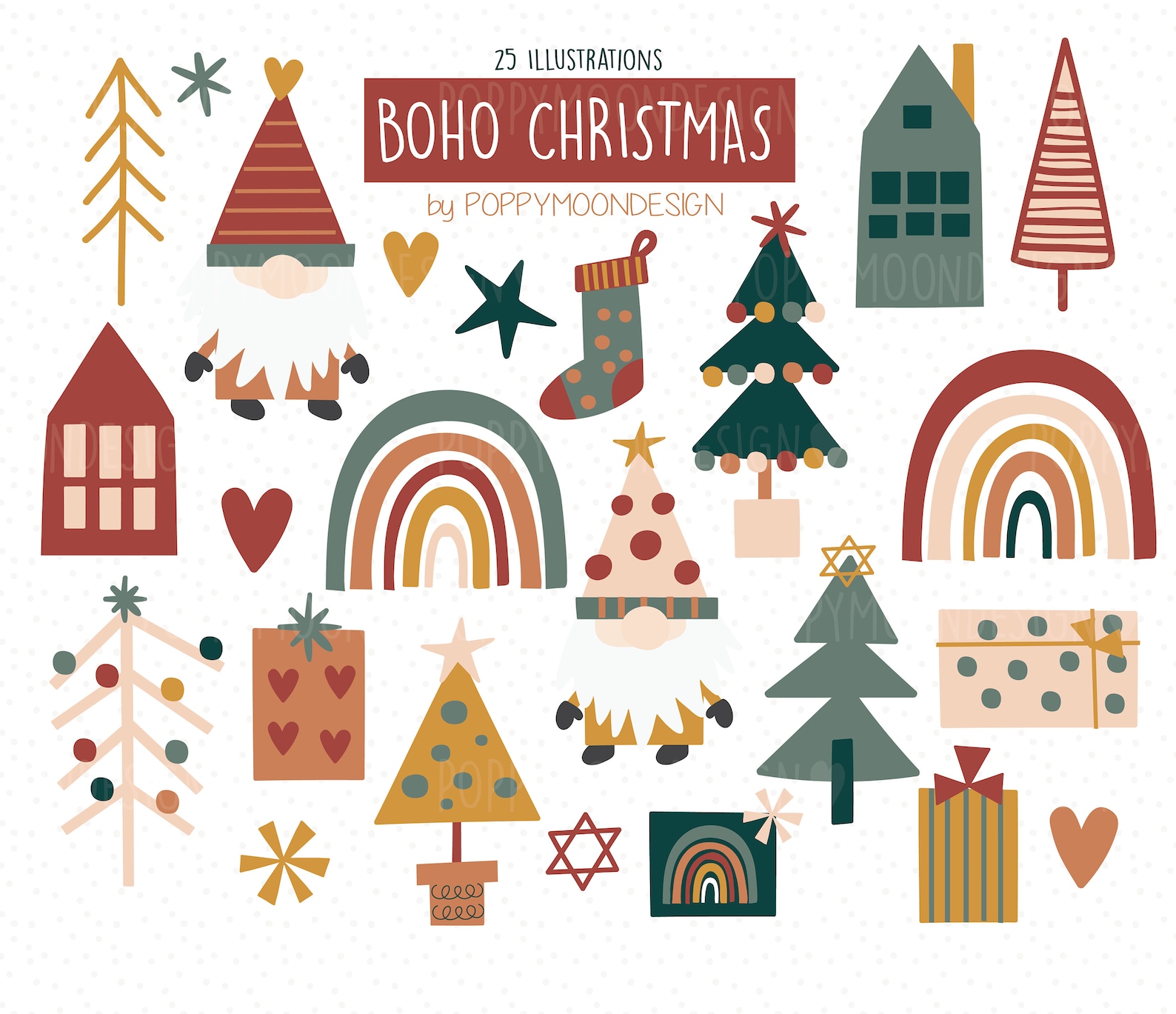 Boho Christmas Festive Illustrations Printable Digital - Etsy