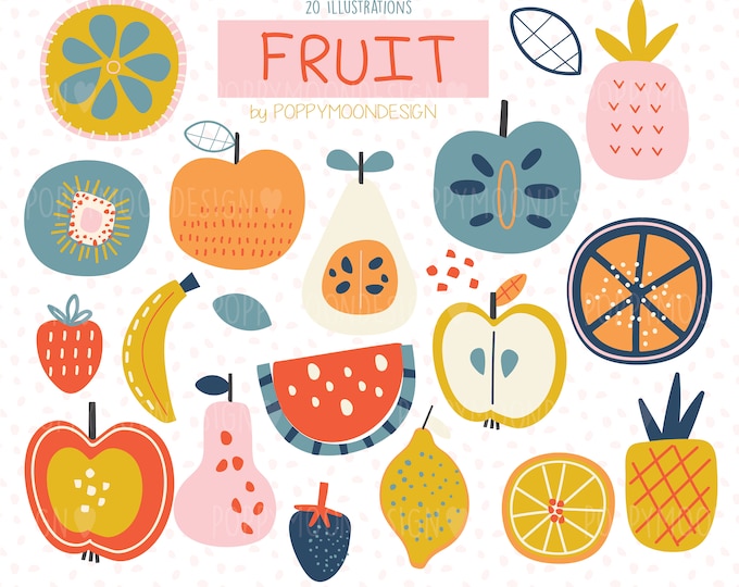 Fruit Clipart Instant Download Digital Files, Kawaii Fruit Clip Art ...