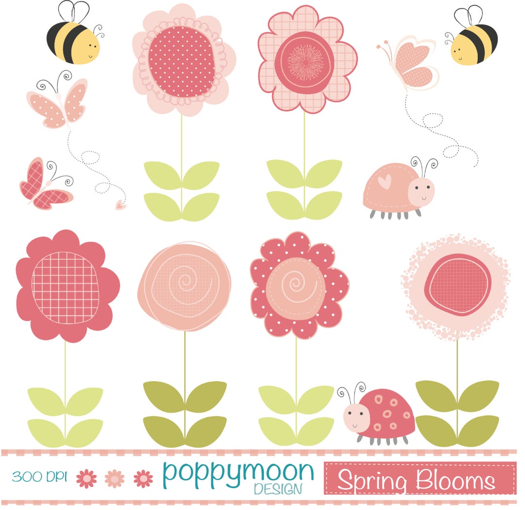 Spring Blossoms, in Pink Shades, Bees and Butterflies, Digital ...