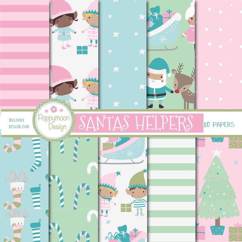 Santas Helpers Elves Santa Printable Digital Paper Pack | Etsy