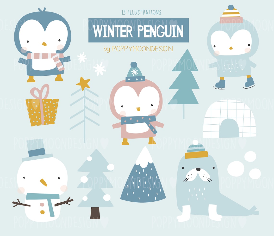 Winter Penguins, Holiday, Christmas, Digital Printable Clipart - Etsy