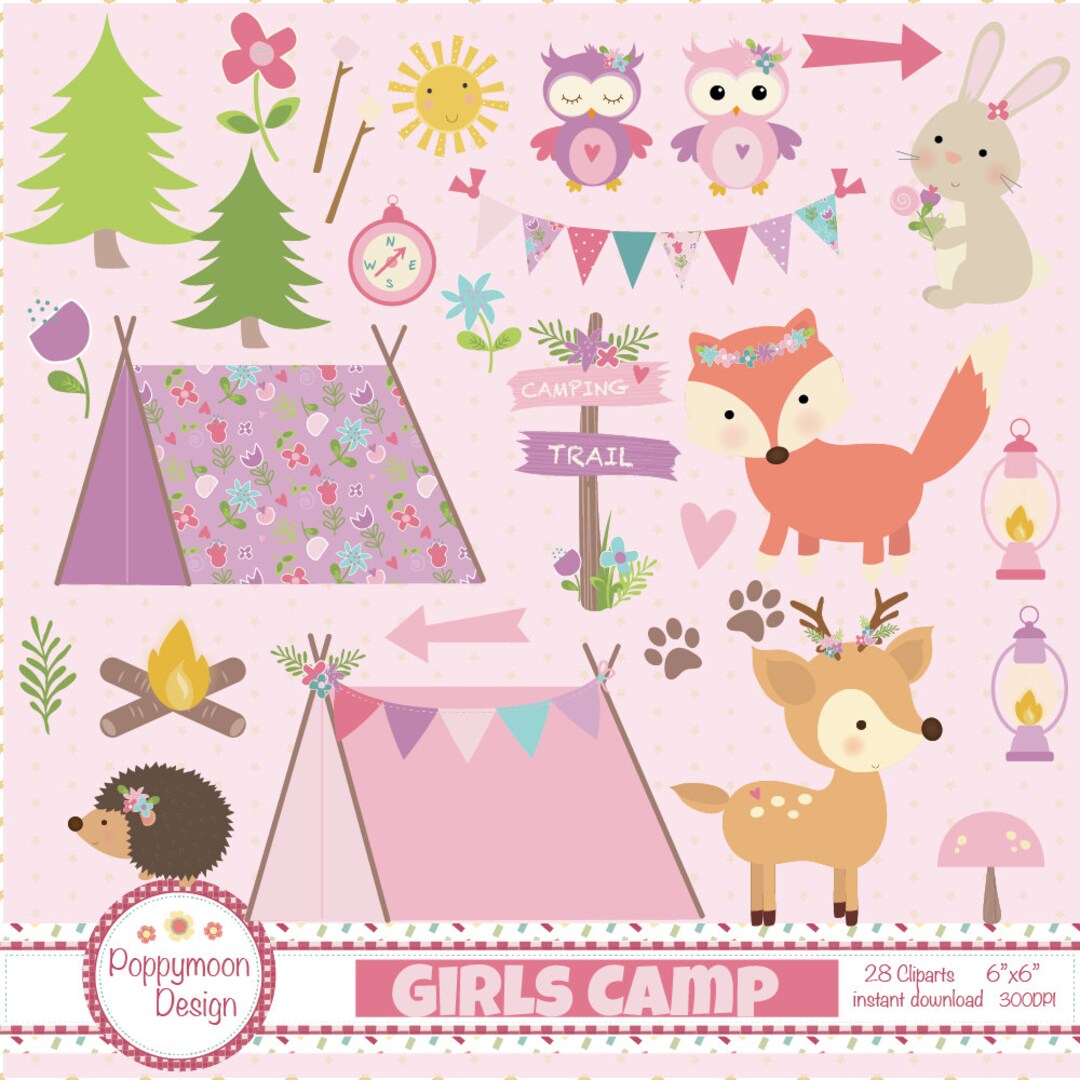 Girls Camping ,pink Tents, Flowers and Forest Animals, Printable ...