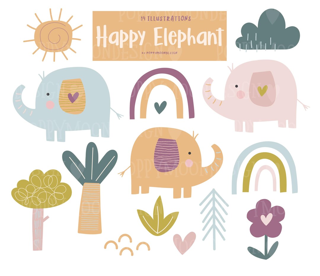 Happy Elephant, Cheerful Digital Clipart Set With Elephants and ...
