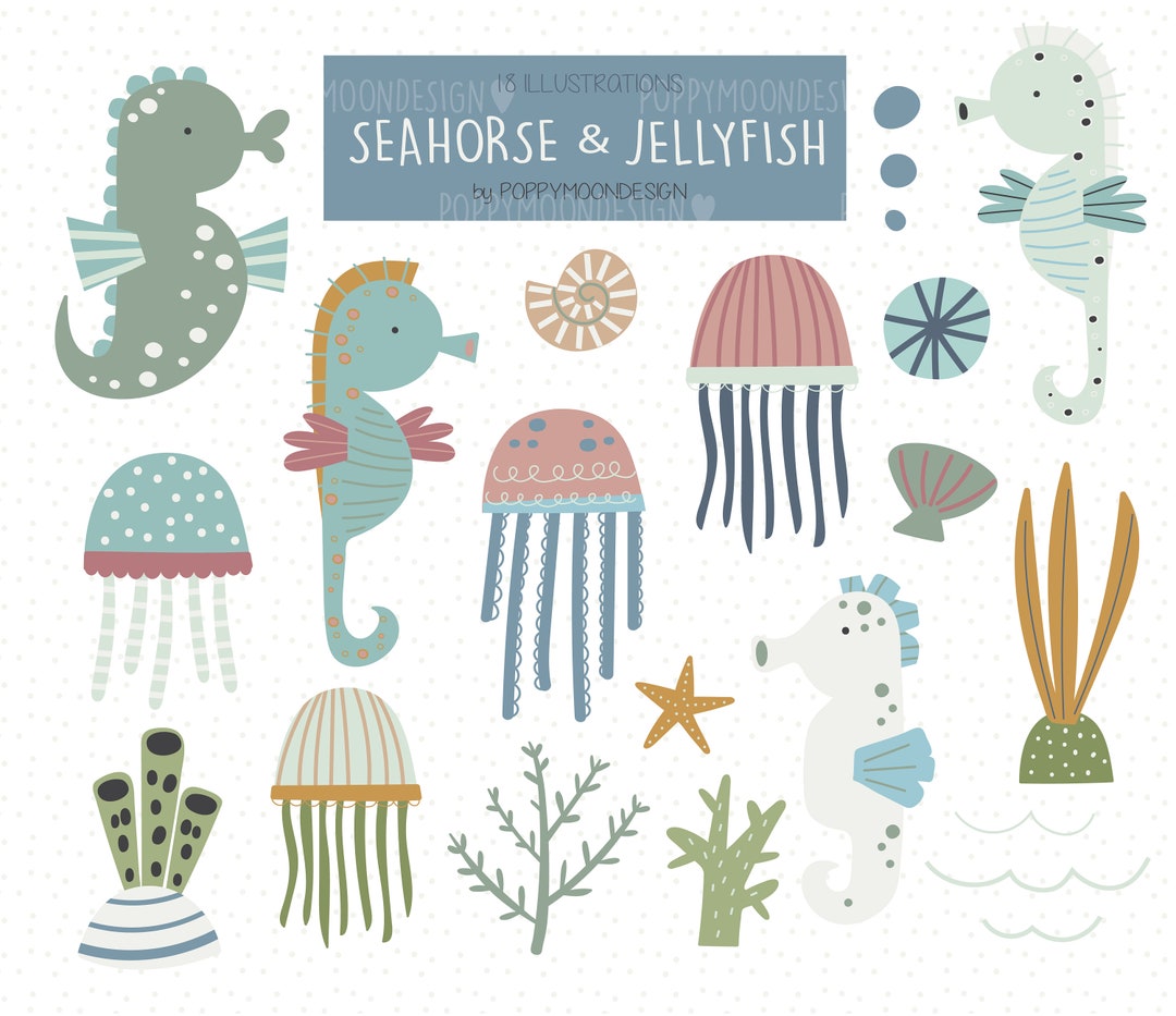 Seahorse & Jellyfish, Under the Sea , Printable Digital Clipart Set - Etsy