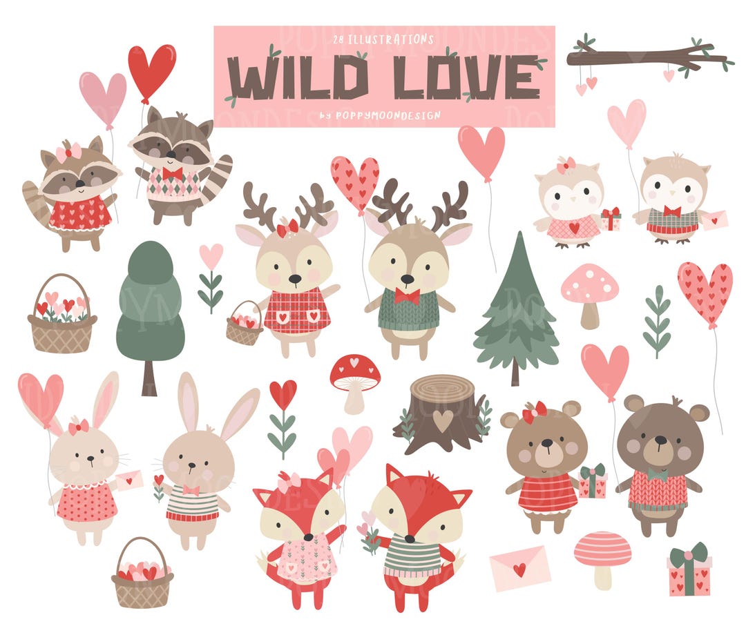 Wild Love Clipart Set - Cute Valentine Woodland Animals Digital ...