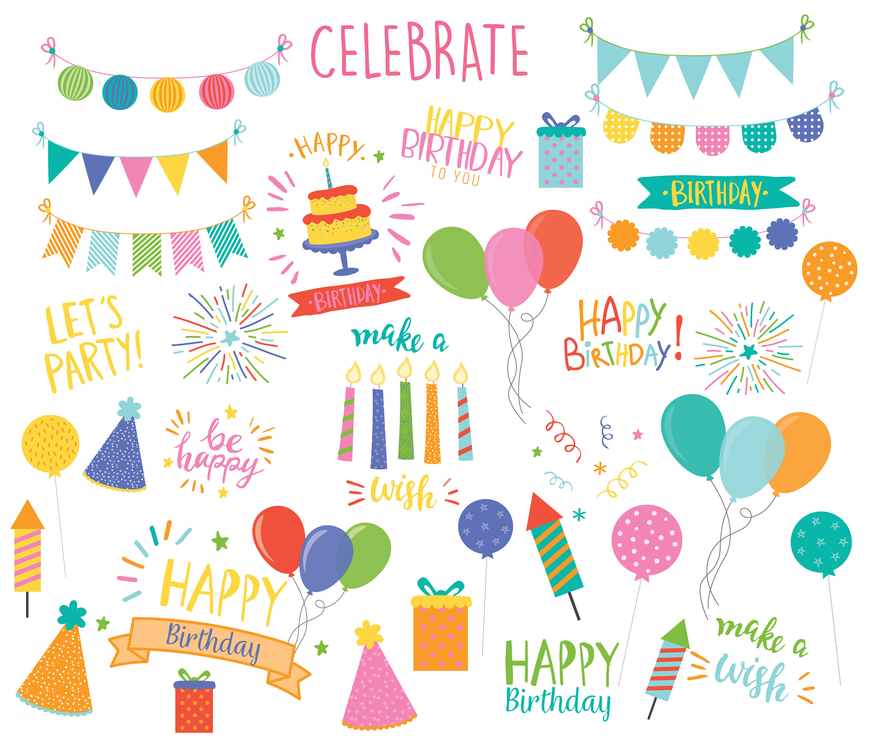 Celebrate-bright , Birthday, Bunting, Party Invites, Digital Clip Art ...