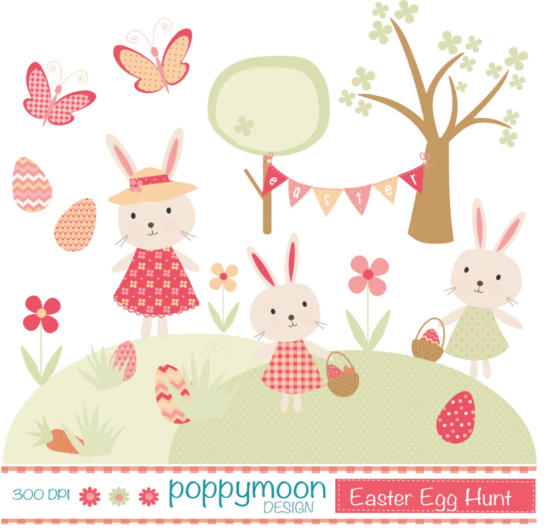 Bunnies Easter Egg Hunt, Digital Clip Art Set - Etsy
