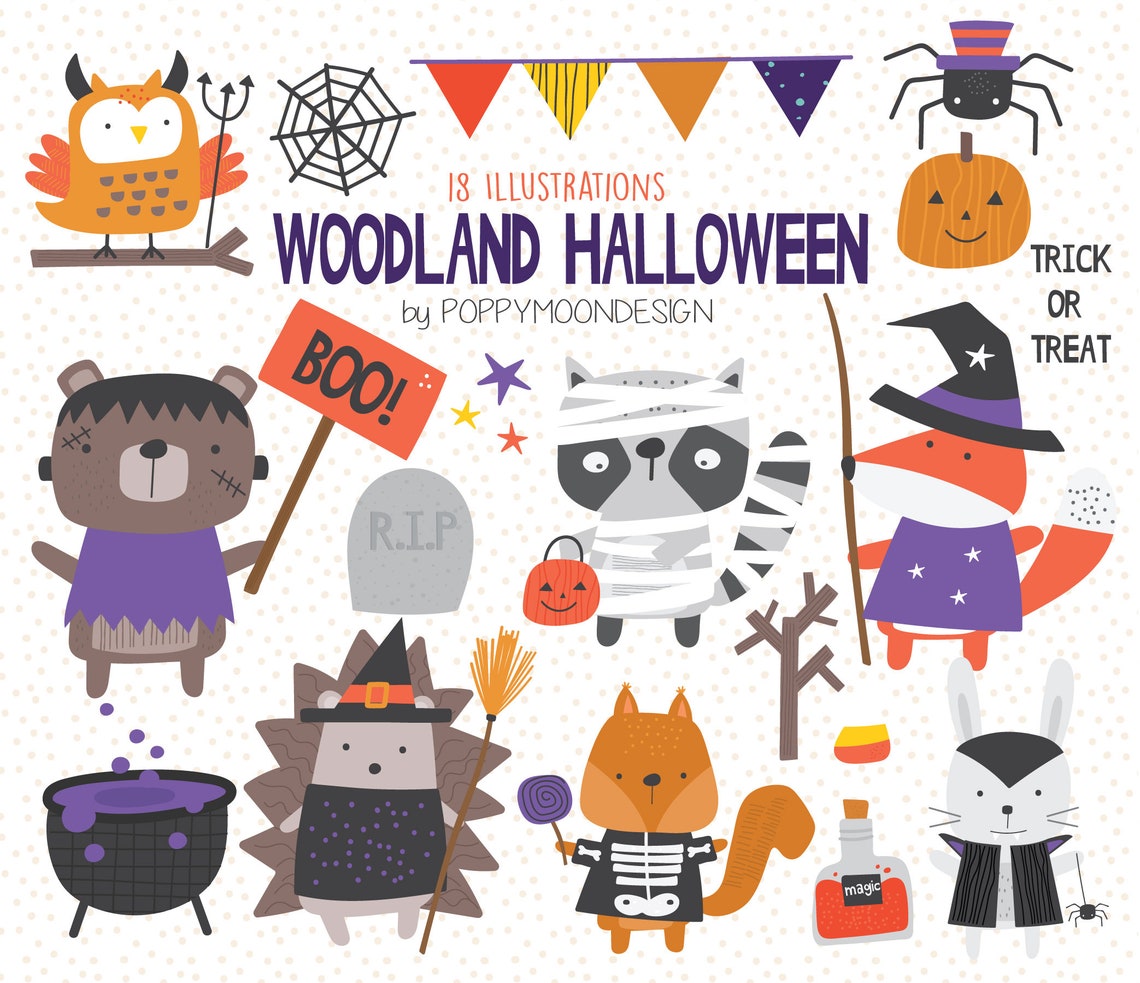 Woodland Halloween Printable Digital Clipart Set | Etsy