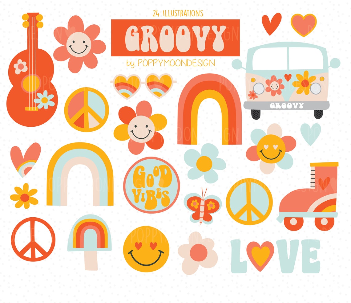 Groovy Retro Hippie Flower Power Digital Printable Clipart - Etsy
