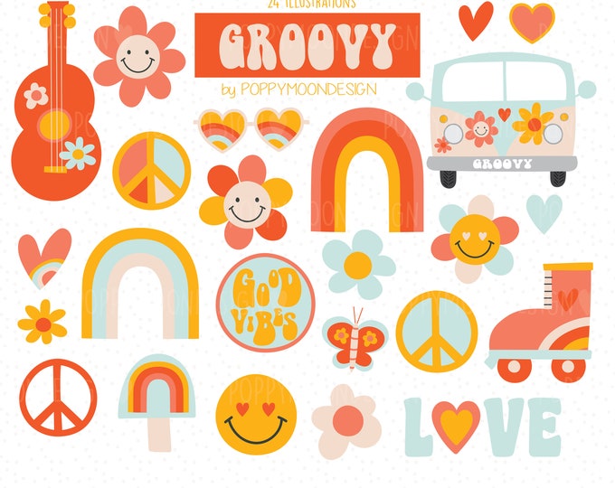Groovy, Retro, Hippie, Flower Power, Digital Printable Clipart - Etsy