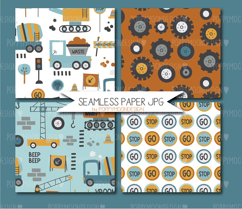 DIG IT, Diggers, Transport, Trucks and Cranes, Printable Seamless ...