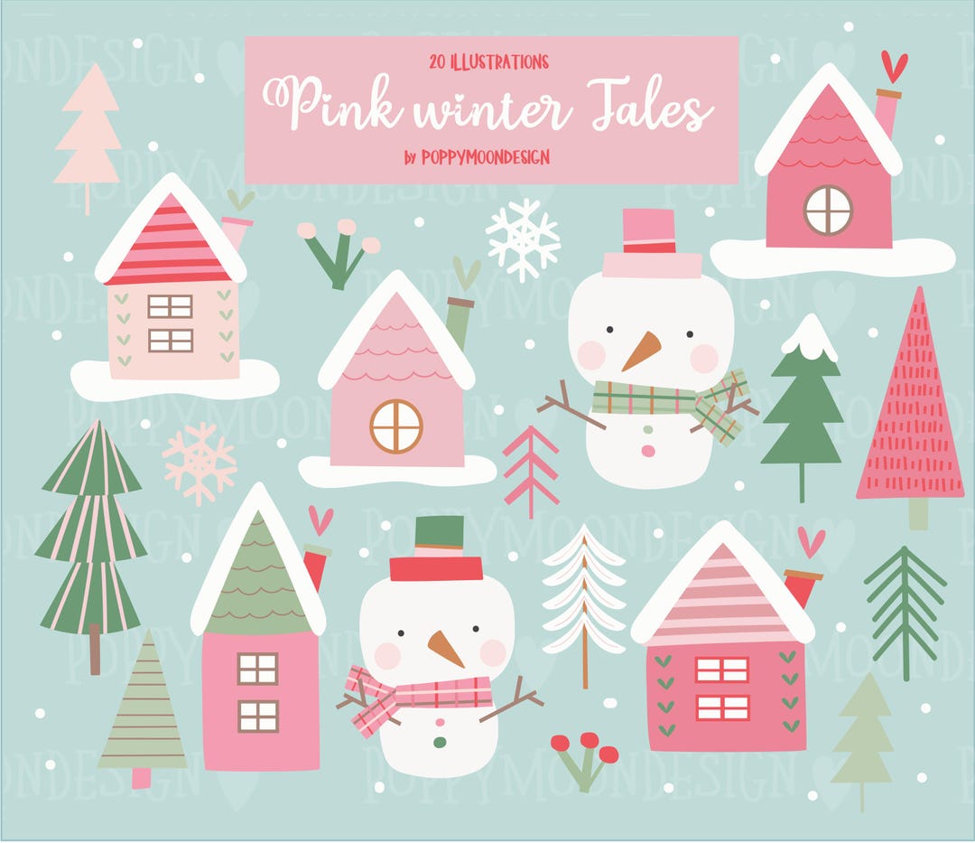 Pink Winter Theme Clipart: Snowflakes, Trees & Cabins in Pinks and ...