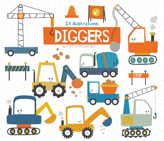 Diggers Construction Digital Clip Art Set - Etsy