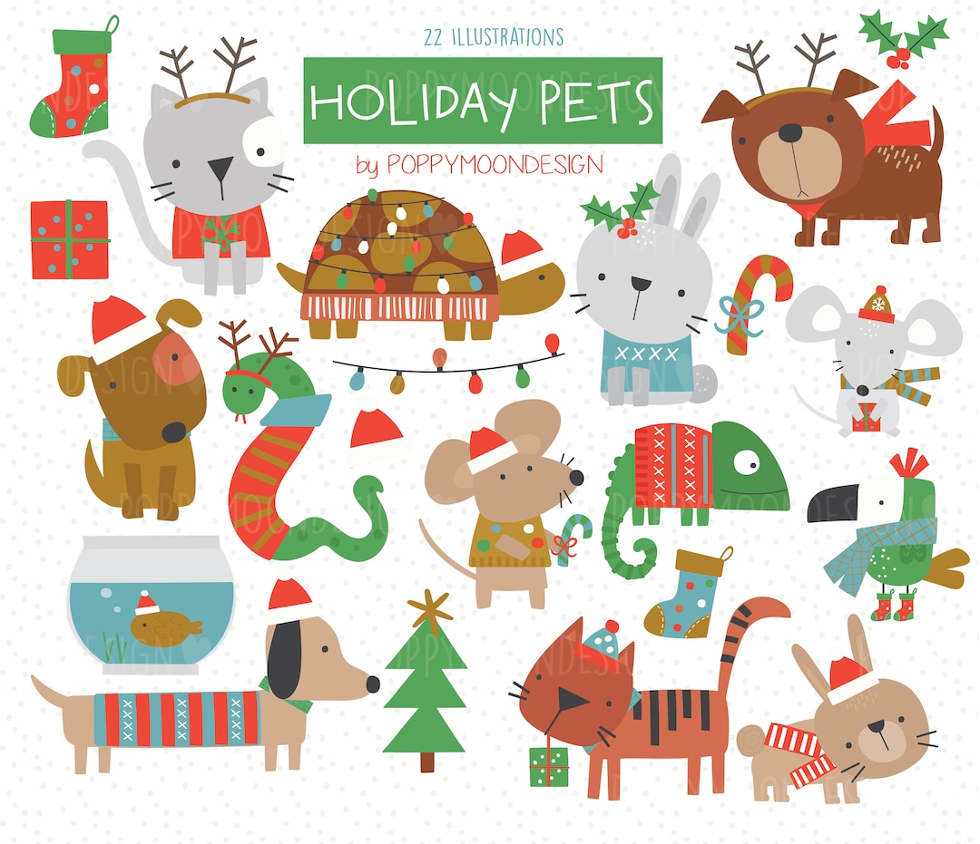 Holiday Pets Clipart, Christmas Illustrations, Printable Digital ...