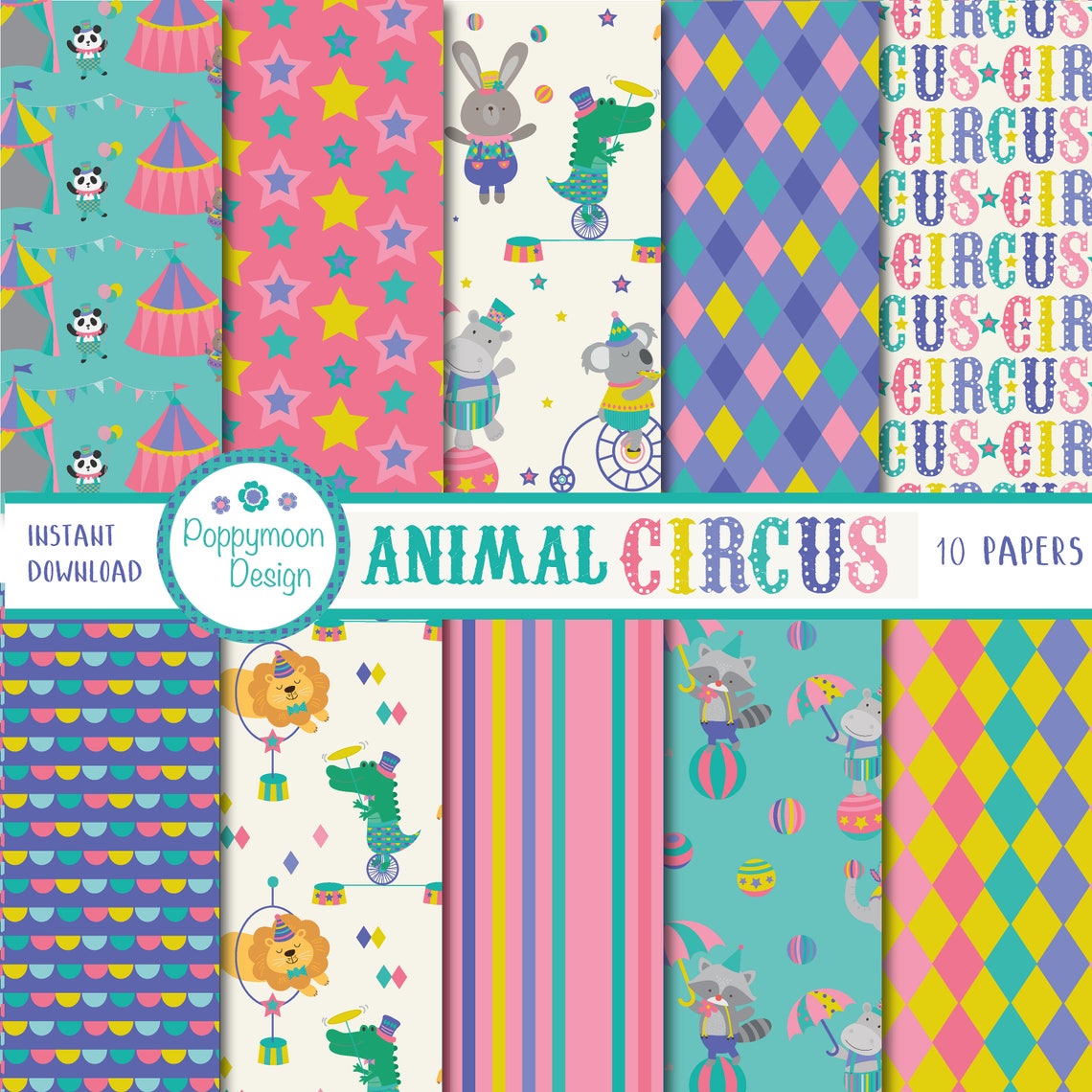 Animal Circus Printable Digital Paper Pack | Etsy