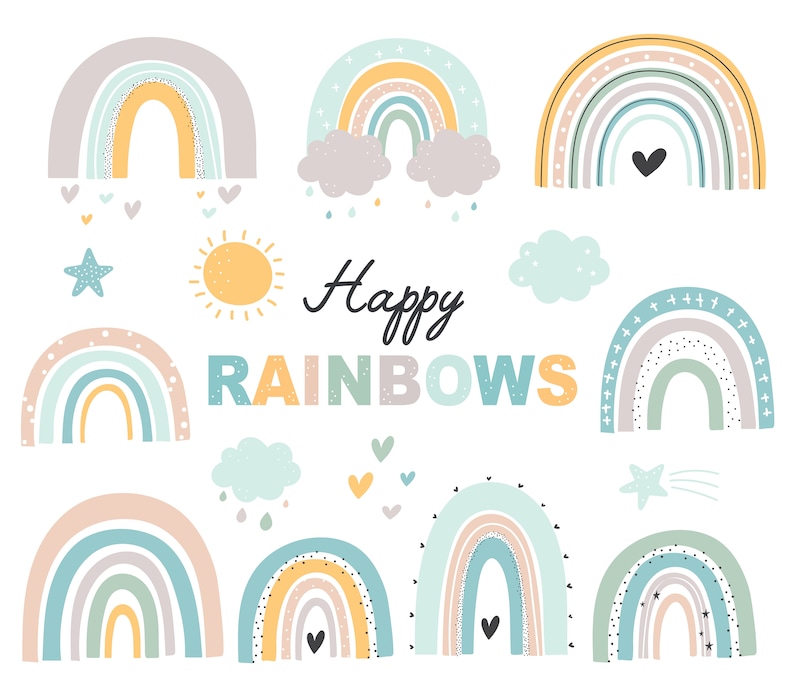 Happy Rainbows Pastel Digital Clip Art Set | Etsy UK