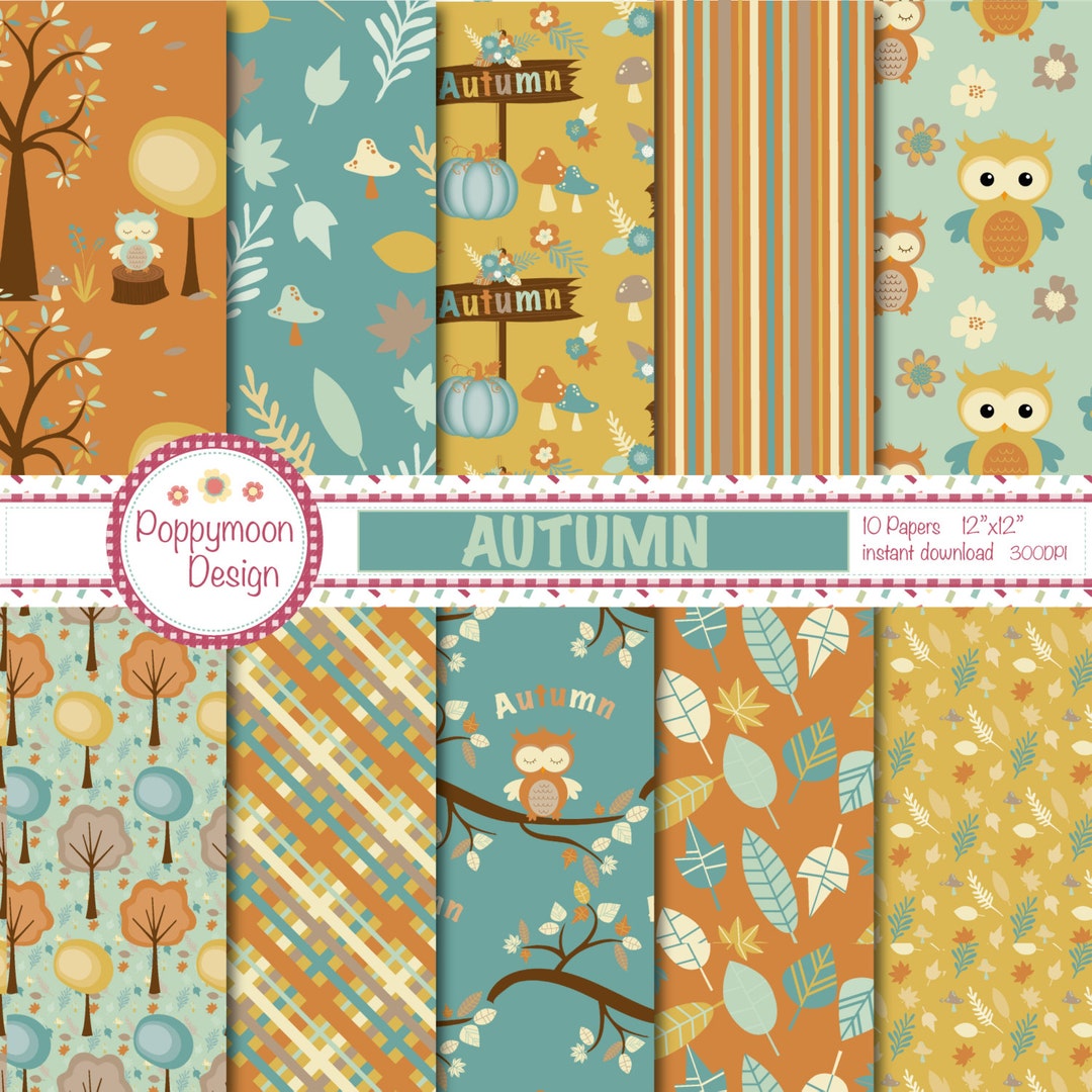 Autumn Owls, Trees , Leaves and Pumpkins, Teal and Browns, Printable ...