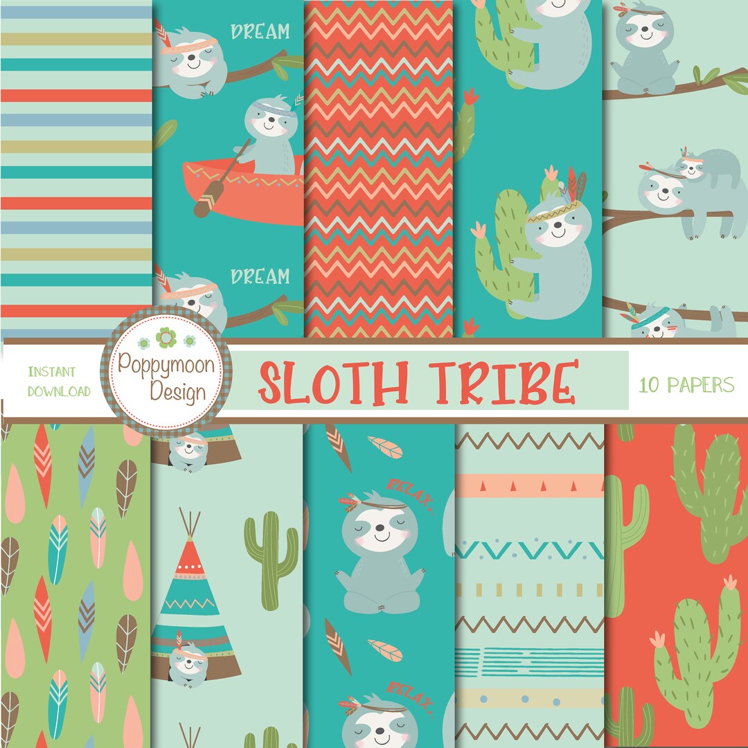 Sloth Tribe Patterns, Printable Digital Paper Pack - Etsy