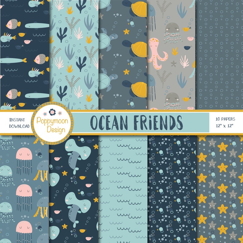 Ocean Friends Marine Life Sea Creatures Digital Paper Pack | Etsy