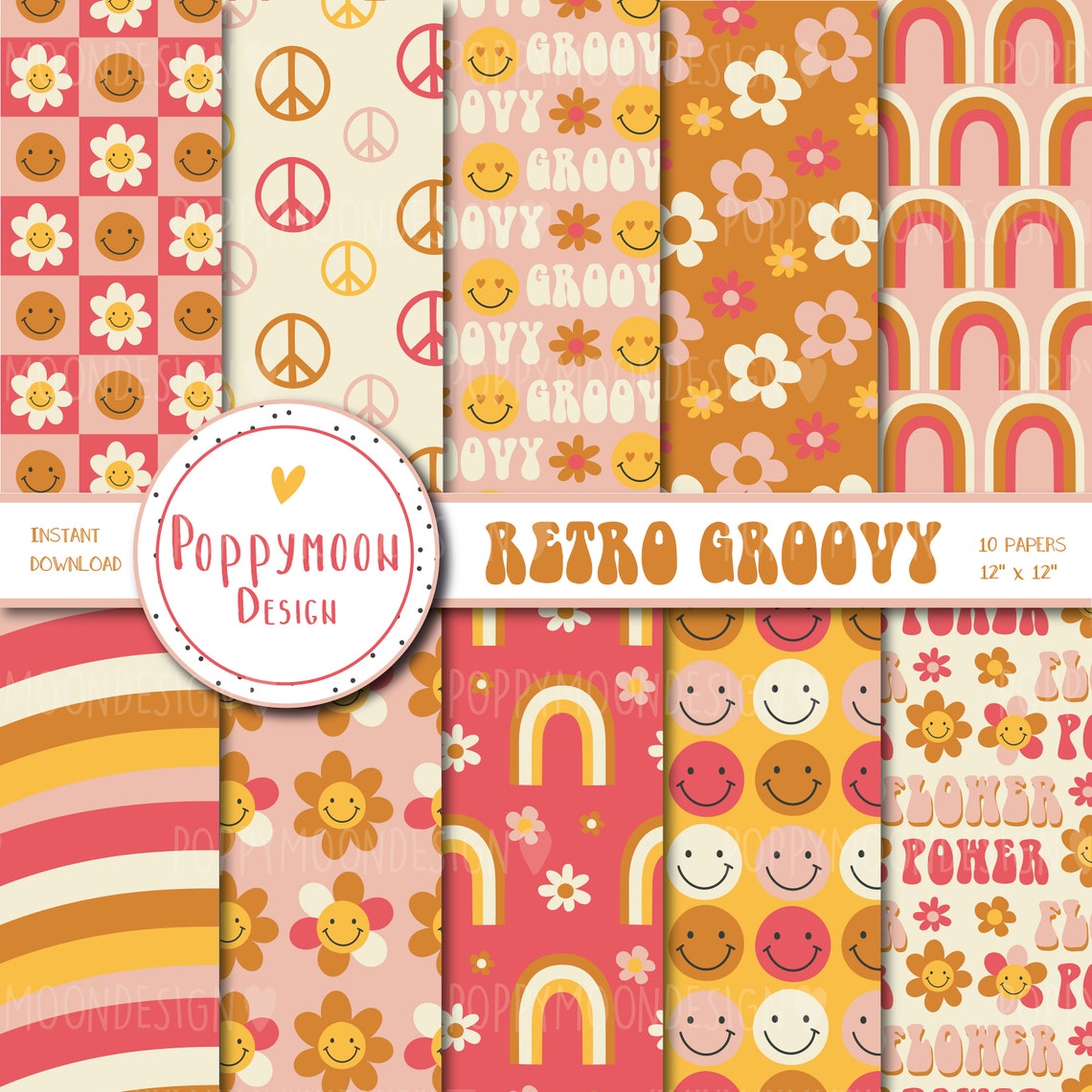 Groovy Retro Flower Power Patterns Printable Digital Paper - Etsy
