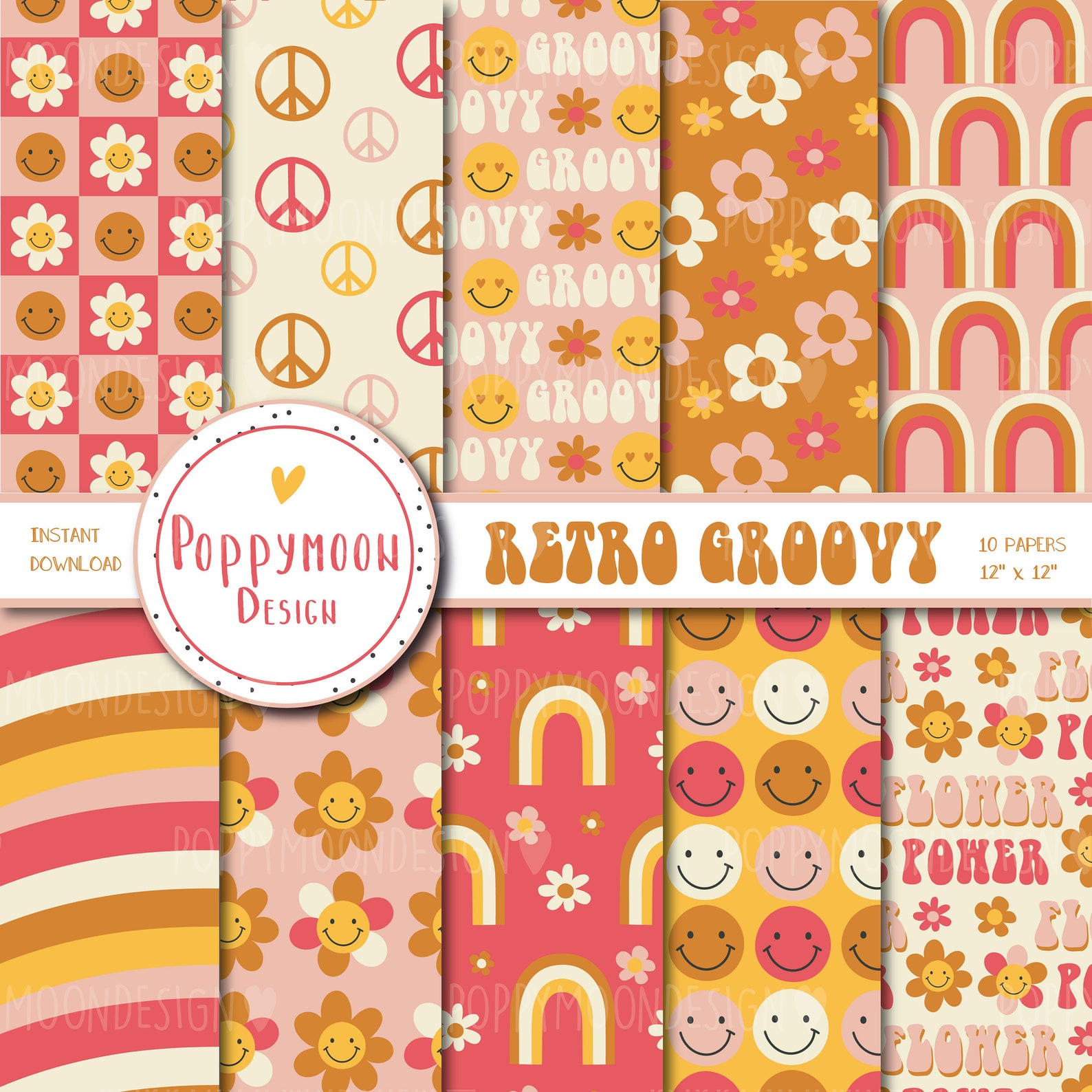 Groovy Retro, Flower Power Patterns, Printable Digital Paper Pack - Etsy