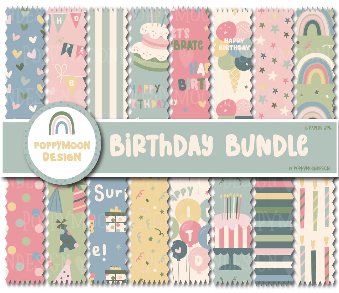Birthday Celebration Digital Paper Set - Assorted Balloons, Party Hats ...