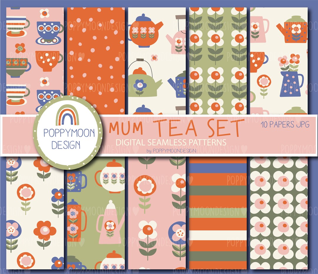 Mum Tea Set, Retro Teapots and Cups, Printable Seamless Digital Paper ...