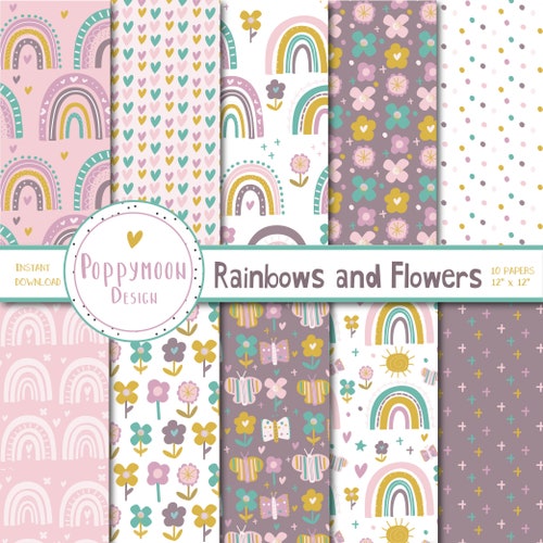 Rainbows and Flowers Digital Paper Pack Scrapbook Paper - Etsy