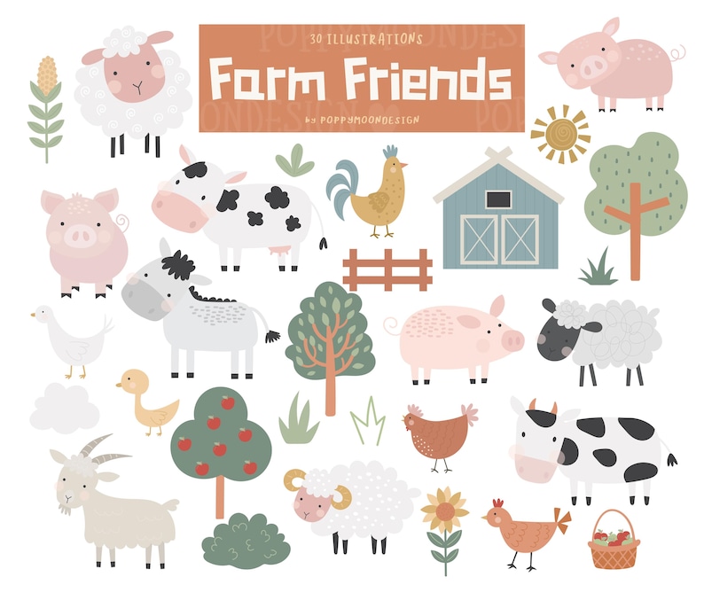 Farm Friends Digital Clipart Collection - Barnyard Animals, Crops, and ...