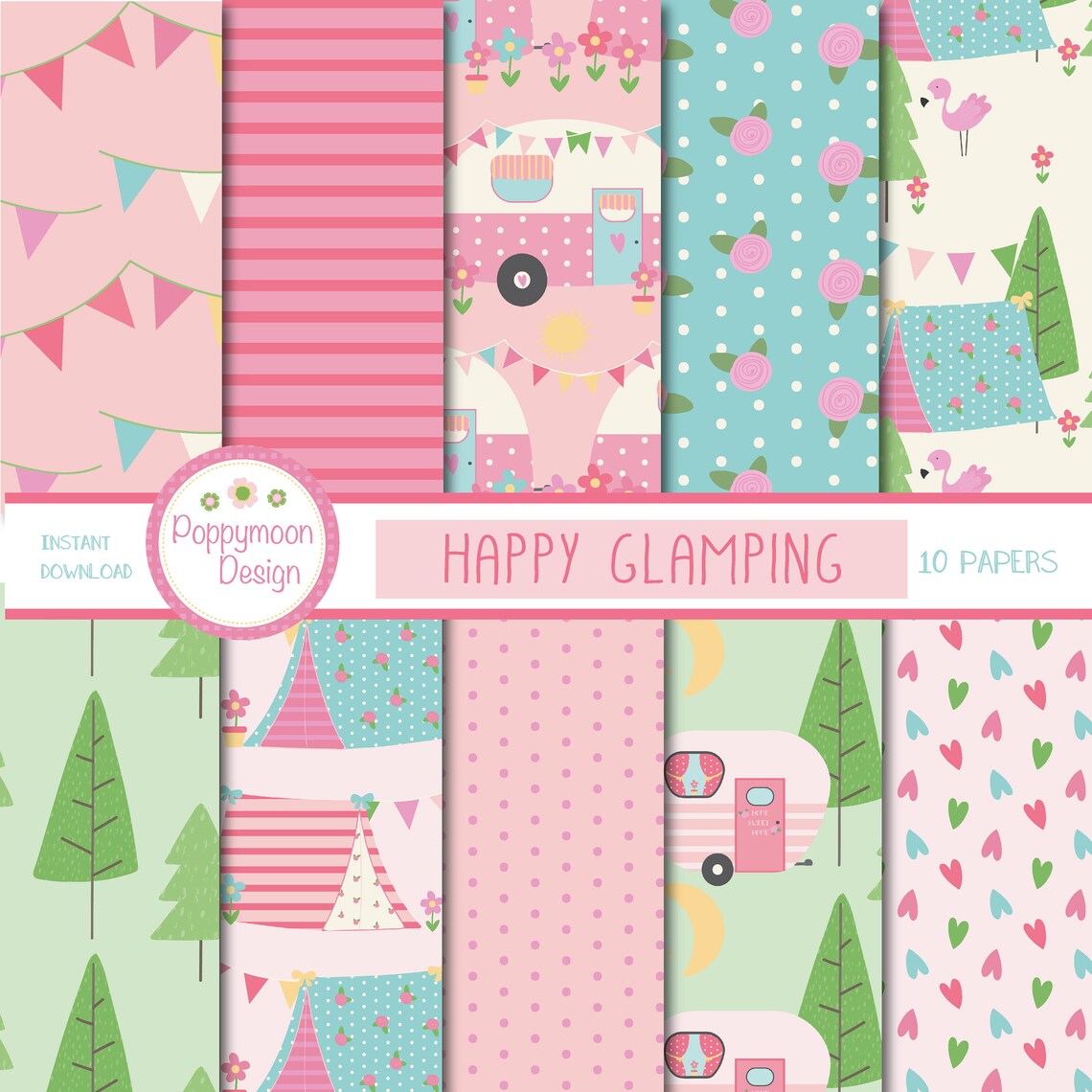 Happy Glamping Girls Camp Printable Digital Paper Pack. | Etsy