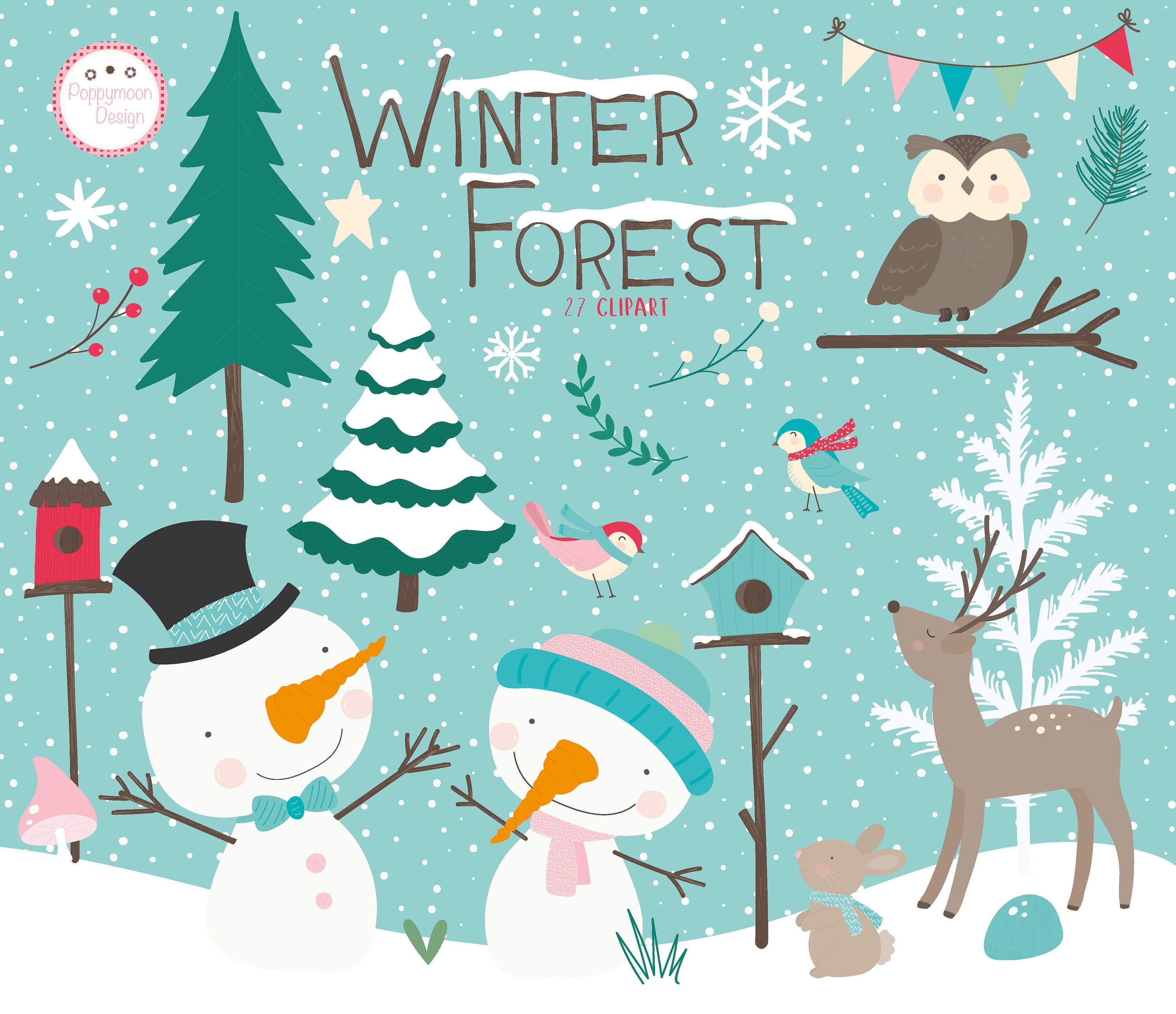 Winter forest printable digital clipart set | Etsy