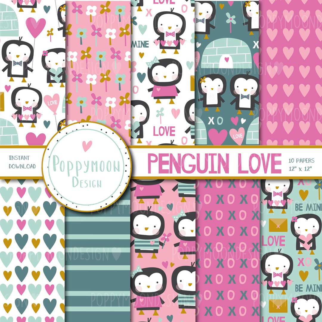 Penguin Love, Love Pattern, Printable Digital Paper Pack - Etsy