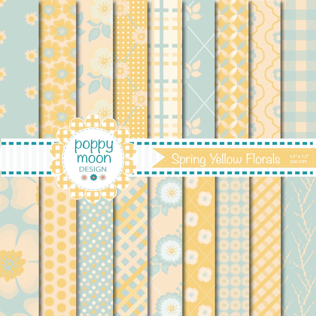 Spring Yellow Florals, Aqua and Cream, Digital Paper Pack - Etsy