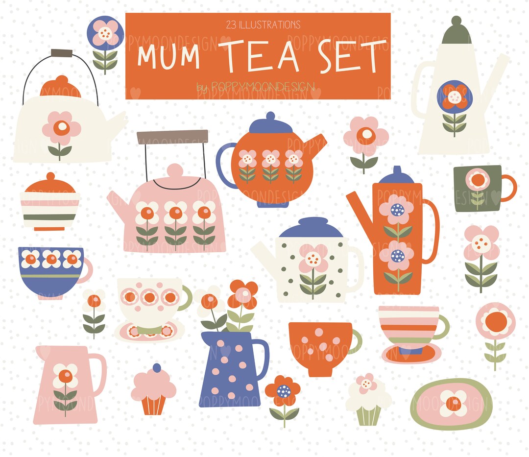 Mum Tea Set, Tea Pots, Cups and Flowers, Vintage, Digital Printable ...