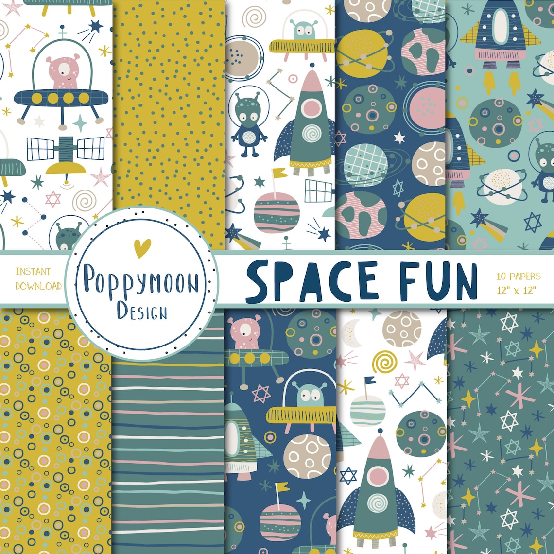 Space fun outer space aliens printable digital paper pack | Etsy
