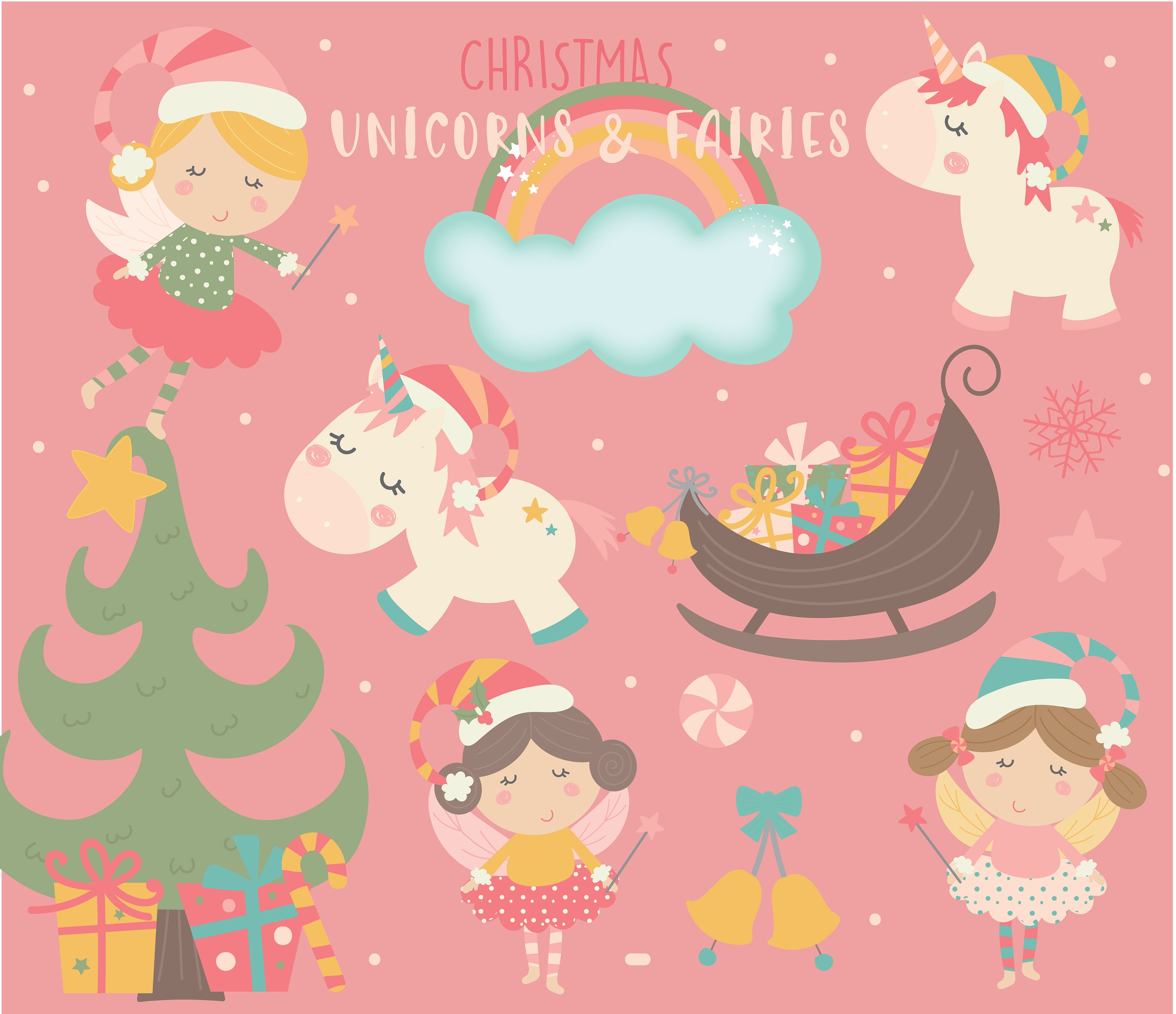 Christmas Unicorns and Fairies printable digital clipart set | Etsy