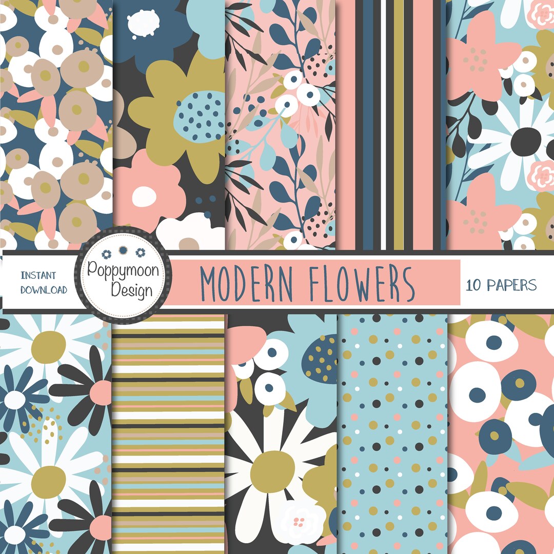 Modern Flowers, Blue and Pink,patterns, Digital Paper Pack - Etsy