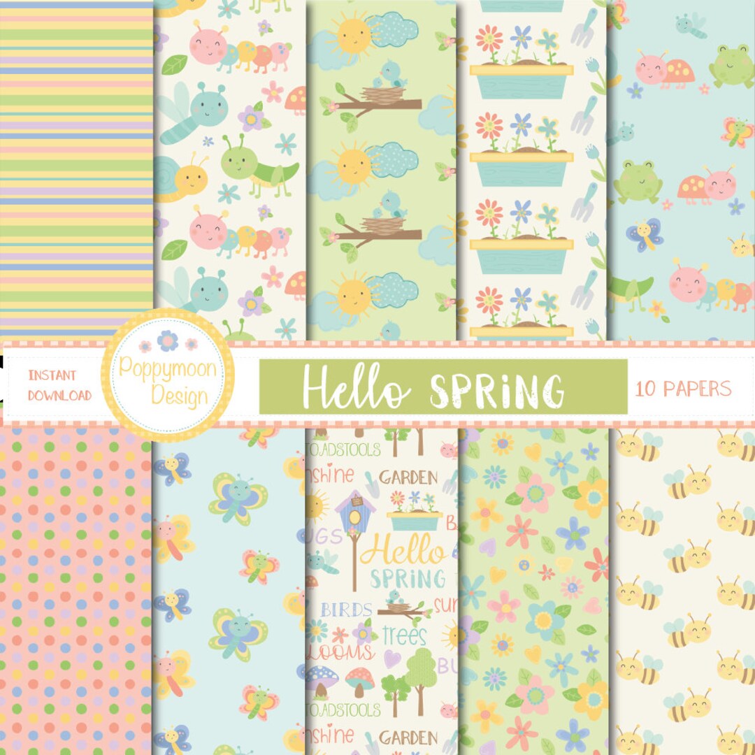 Hello Spring,bugs and Flowers Digital Paper Pack - Etsy
