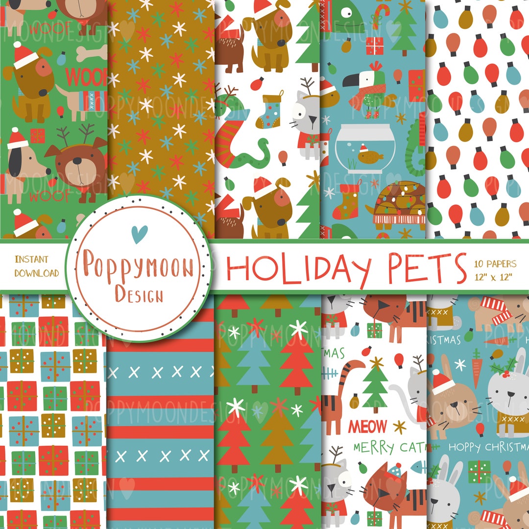 Holiday Pets Paper Set, Christmas, Festive, Printable Digital Paper ...