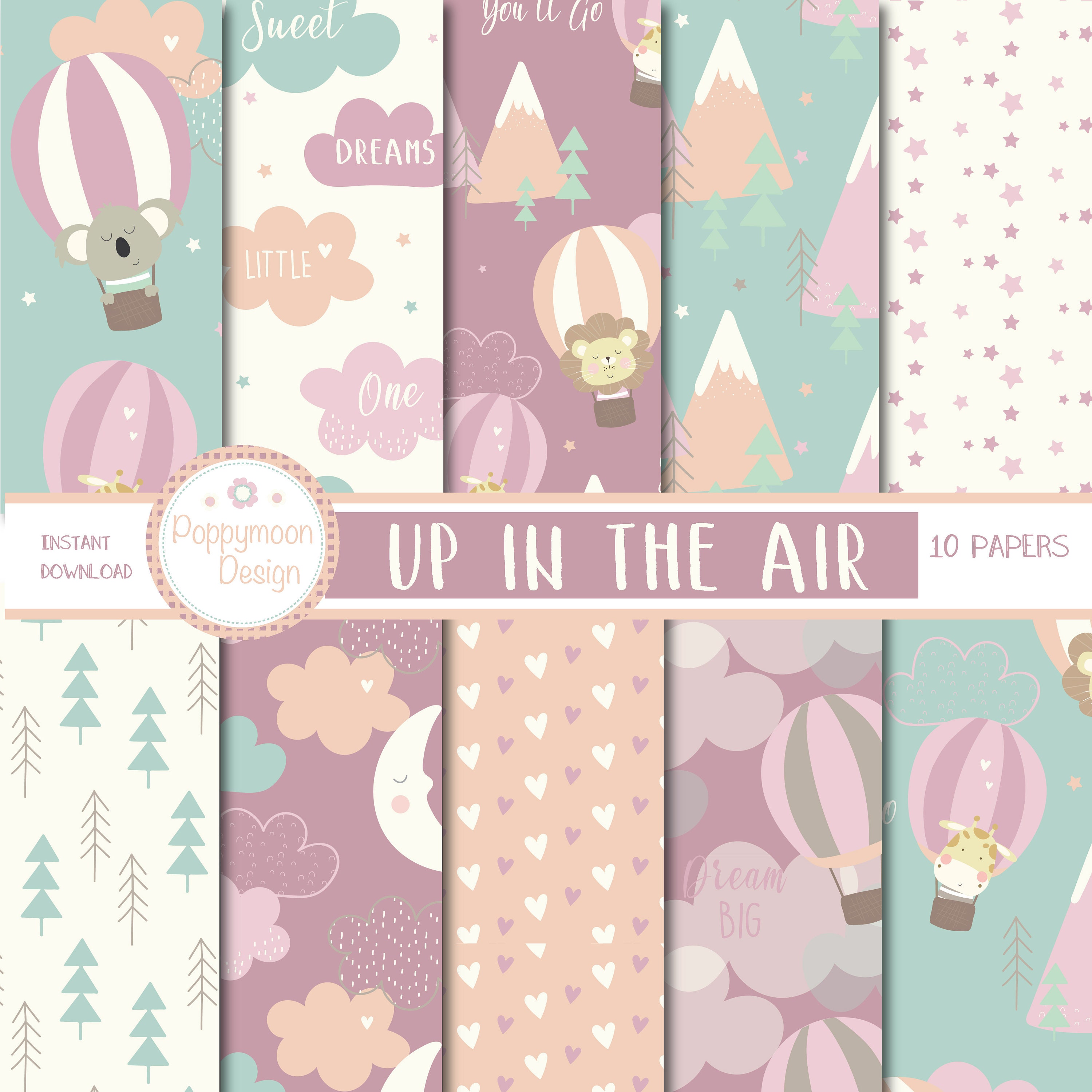 Up in the Air Girls Air Balloons Printable Digital Paper | Etsy