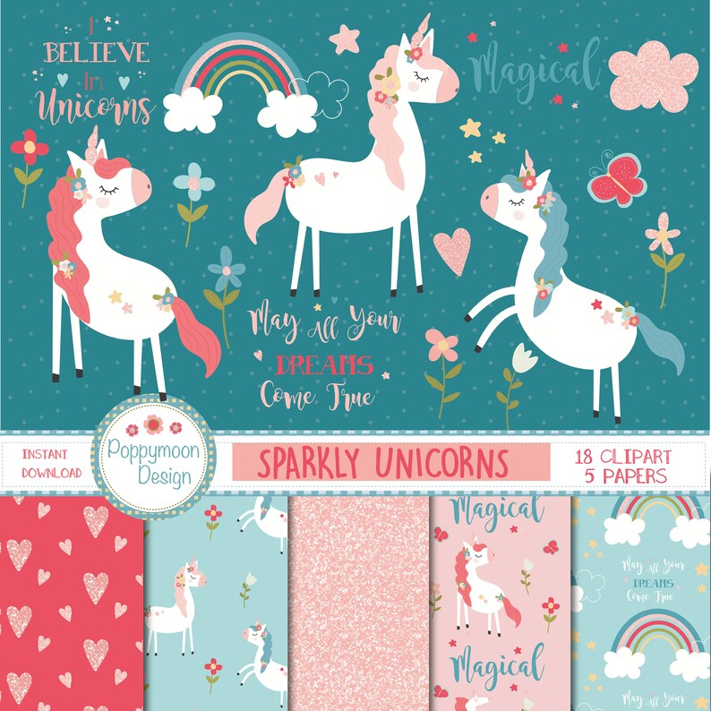 Sparkly Unicorns, Printable Digital Clipart and Paper Pack. - Etsy