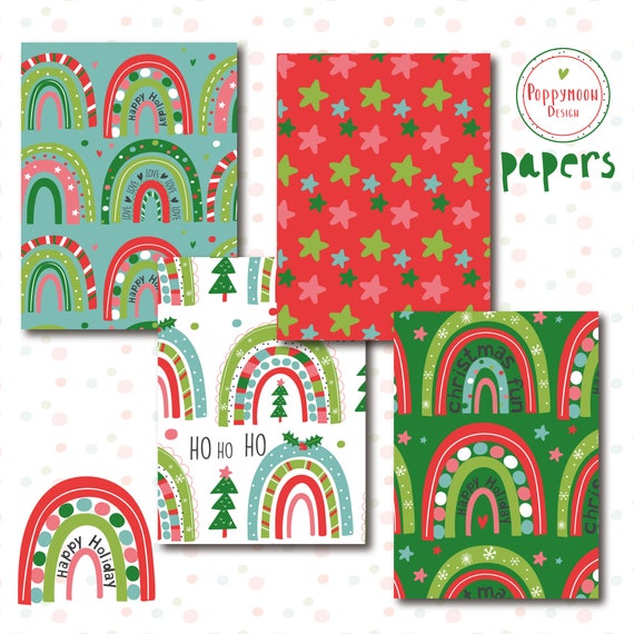 Festive rainbow patterns christmas digital papers scrapbook paper ...