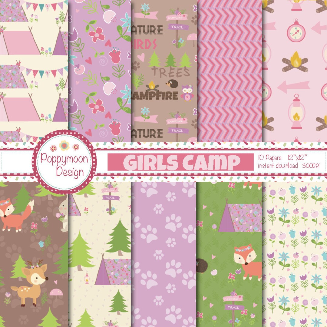 Girl Camping, Tent, Trees and Flowers , Printable Digital Paper Pack ...