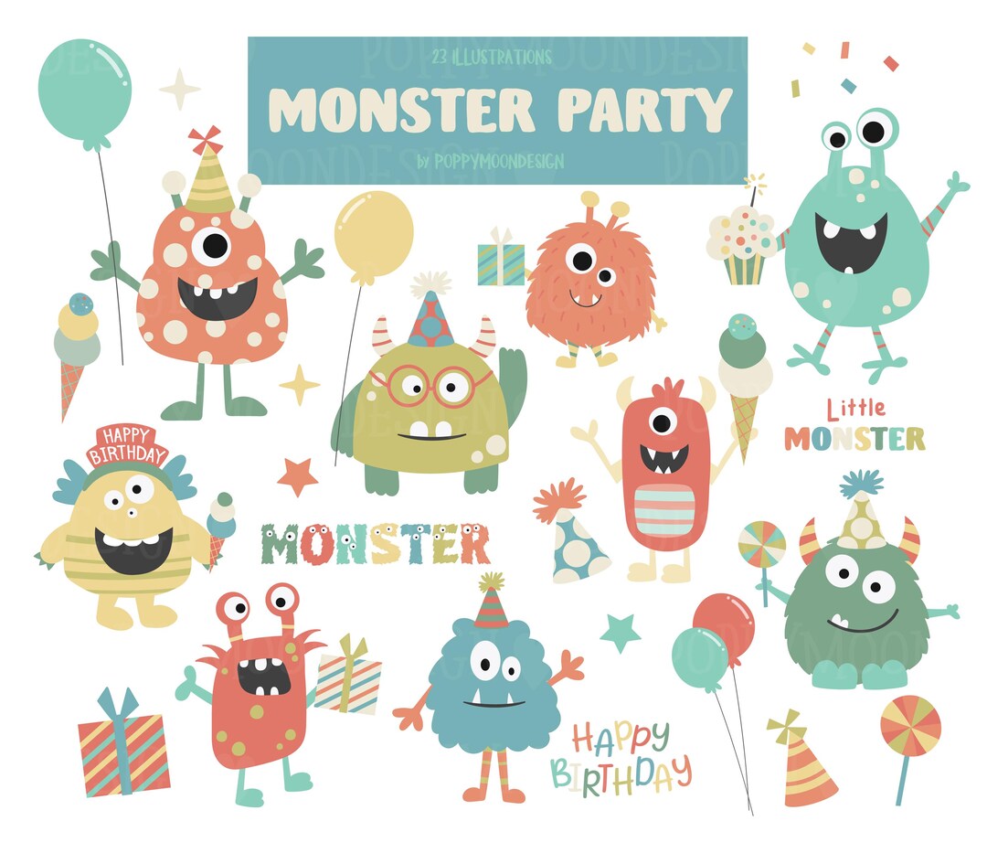 Cute Party Monsters Clipart Set With Balloons, Ice Cream & Gifts - Etsy