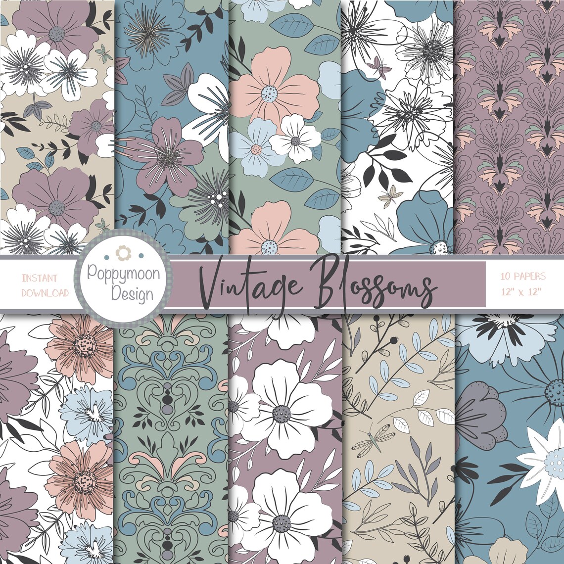 Vintage Blossoms, Florals, Digital Paper Pack, Scrapbook Paper - Etsy