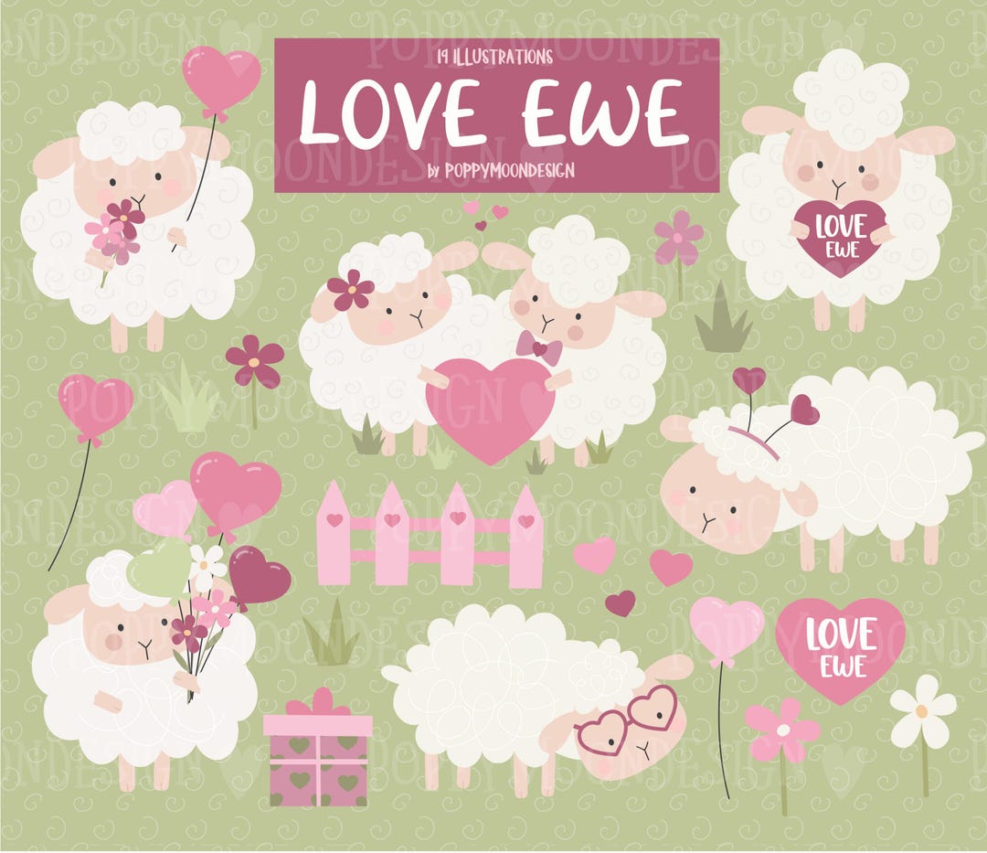 Valentine Sheep PNG Bundle, Cute Sheep With Hearts & Flowers, Kawaii ...